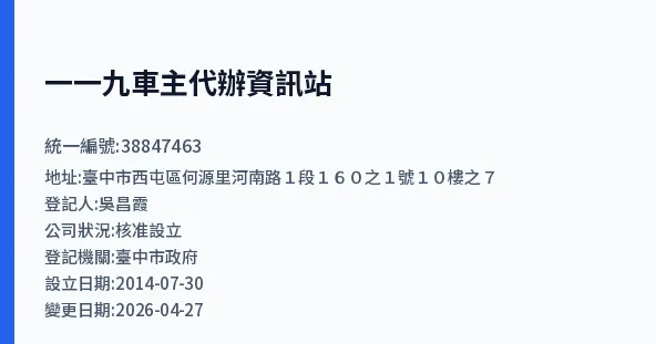 一一九車主代辦資訊站的照片-統編 38847463(臺中市) 公司登記資料與營業項目詳細圖表