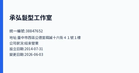 承弘髮型工作室的照片-統編 38847652(臺中市) 公司登記資料與營業項目詳細圖表