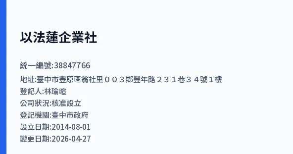 以法蓮企業社的照片-統編 38847766(臺中市) 公司登記資料與營業項目詳細圖表