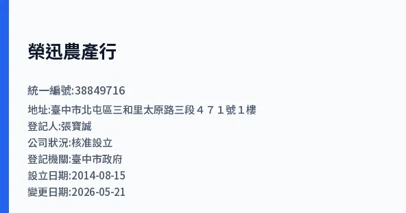 榮迅農產行的照片-統編 38849716(臺中市) 公司登記資料與營業項目詳細圖表