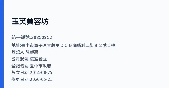 玉芙美容坊的照片-統編 38850852(臺中市) 公司登記資料與營業項目詳細圖表