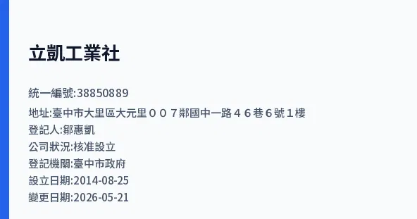 立凱工業社的照片-統編 38850889(臺中市) 公司登記資料與營業項目詳細圖表
