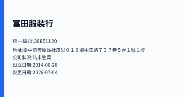 富田服裝行的照片-統編 38851120(臺中市) 公司登記資料與營業項目詳細圖表