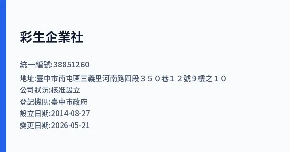 彩生企業社的照片-統編 38851260(臺中市) 公司登記資料與營業項目詳細圖表