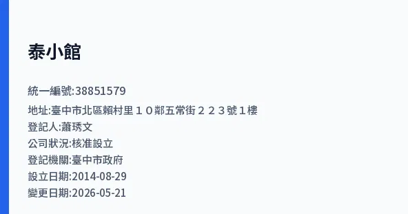 泰小館的照片-統編 38851579(臺中市) 公司登記資料與營業項目詳細圖表