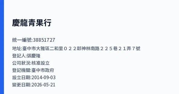 慶龍青果行的照片-統編 38851727(臺中市) 公司登記資料與營業項目詳細圖表
