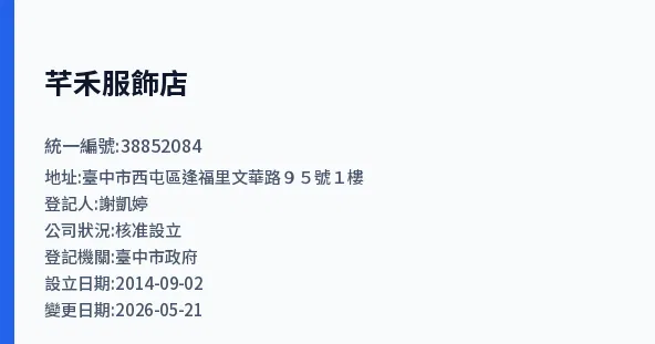 芊禾服飾店的照片-統編 38852084(臺中市) 公司登記資料與營業項目詳細圖表