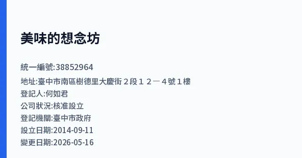 美味的想念坊的照片-統編 38852964(臺中市) 公司登記資料與營業項目詳細圖表