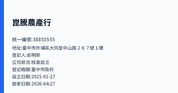 崑騰農產行的照片-統編 38853555(臺中市) 公司登記資料與營業項目詳細圖表
