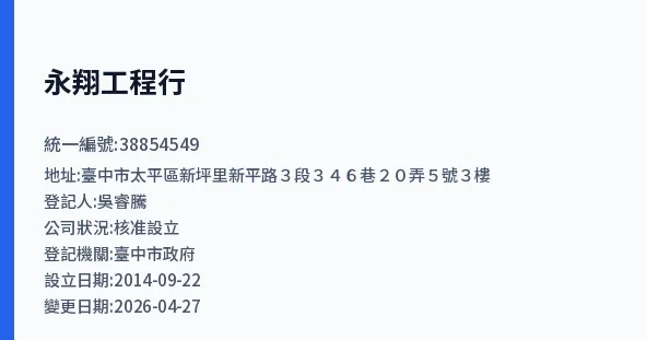 永翔工程行的照片-統編 38854549(臺中市) 公司登記資料與營業項目詳細圖表