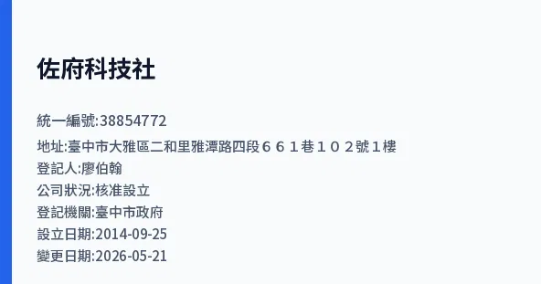 佐府科技社的照片-統編 38854772(臺中市) 公司登記資料與營業項目詳細圖表