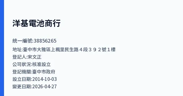 洋基電池商行的照片-統編 38856265(臺中市) 公司登記資料與營業項目詳細圖表