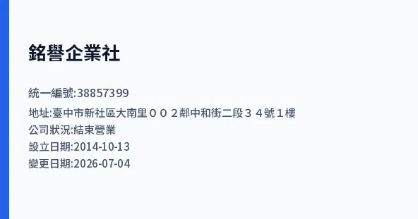 銘譽企業社的照片-統編 38857399(臺中市) 公司登記資料與營業項目詳細圖表