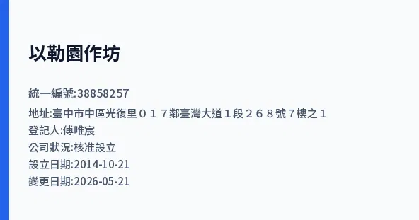 以勒園作坊的照片-統編 38858257(臺中市) 公司登記資料與營業項目詳細圖表