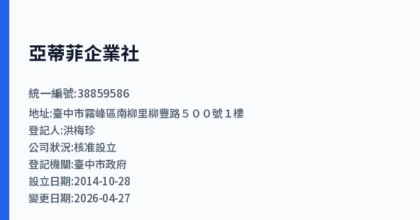亞蒂菲企業社的照片-統編 38859586(臺中市) 公司登記資料與營業項目詳細圖表