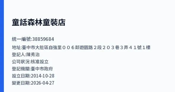 童話森林童裝店的照片-統編 38859684(臺中市) 公司登記資料與營業項目詳細圖表