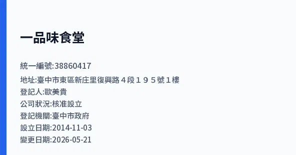 一品味食堂的照片-統編 38860417(臺中市) 公司登記資料與營業項目詳細圖表