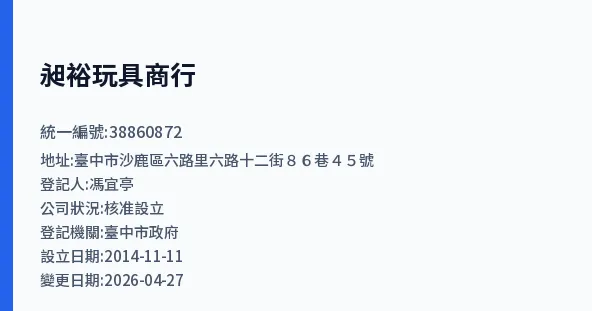 昶裕玩具商行的照片-統編 38860872(臺中市) 公司登記資料與營業項目詳細圖表