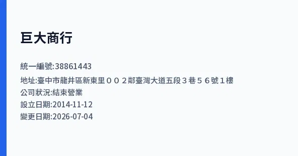 巨大商行的照片-統編 38861443(臺中市) 公司登記資料與營業項目詳細圖表