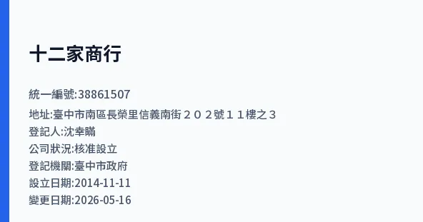 十二家商行的照片-統編 38861507(臺中市) 公司登記資料與營業項目詳細圖表
