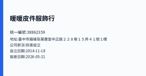 暖暖皮件服飾行的照片-統編 38862359(臺中市) 公司登記資料與營業項目詳細圖表