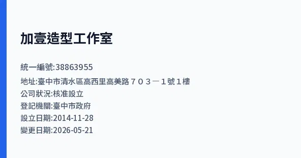 加壹造型工作室的照片-統編 38863955(臺中市) 公司登記資料與營業項目詳細圖表
