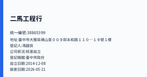 二馬工程行的照片-統編 38865399(臺中市) 公司登記資料與營業項目詳細圖表