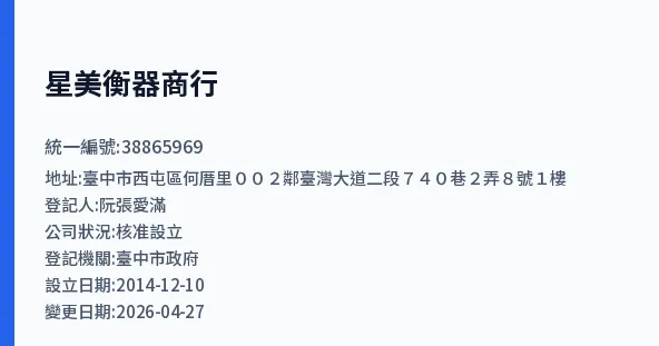星美衡器商行的照片-統編 38865969(臺中市) 公司登記資料與營業項目詳細圖表