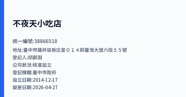 不夜天小吃店的照片-統編 38866518(臺中市) 公司登記資料與營業項目詳細圖表