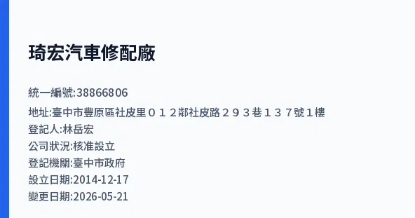 琦宏汽車修配廠的照片-統編 38866806(臺中市) 公司登記資料與營業項目詳細圖表