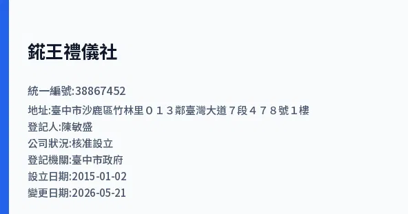 錵王禮儀社的照片-統編 38867452(臺中市) 公司登記資料與營業項目詳細圖表