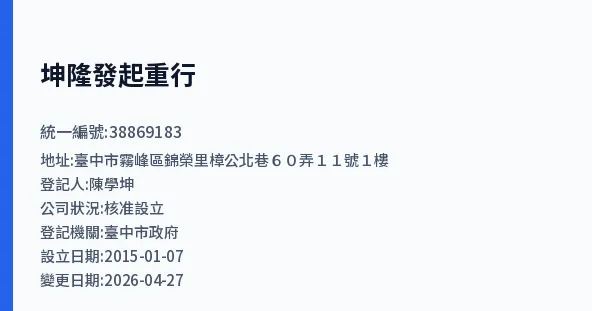 坤隆發起重行的照片-統編 38869183(臺中市) 公司登記資料與營業項目詳細圖表