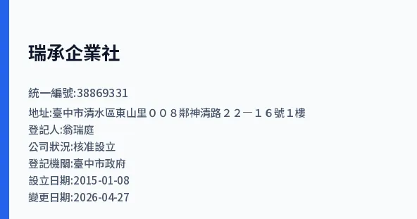 瑞承企業社的照片-統編 38869331(臺中市) 公司登記資料與營業項目詳細圖表