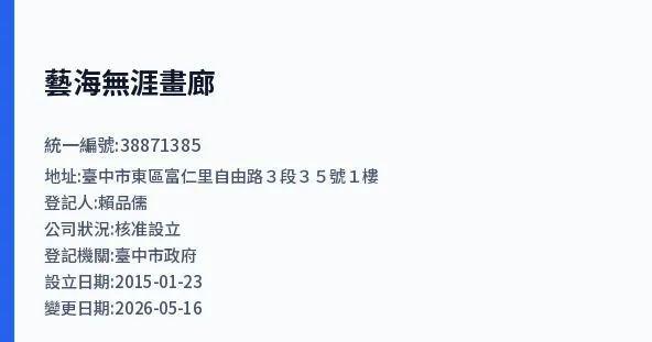 藝海無涯畫廊的照片-統編 38871385(臺中市) 公司登記資料與營業項目詳細圖表