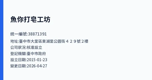 魚你打皂工坊的照片-統編 38871391(臺中市) 公司登記資料與營業項目詳細圖表