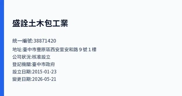 盛詮土木包工業的照片-統編 38871420(臺中市) 公司登記資料與營業項目詳細圖表