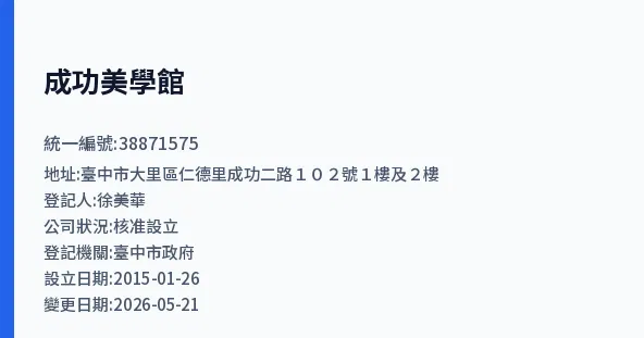 成功美學館的照片-統編 38871575(臺中市) 公司登記資料與營業項目詳細圖表