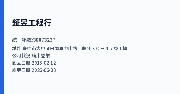 鉦昱工程行的照片-統編 38873237(臺中市) 公司登記資料與營業項目詳細圖表