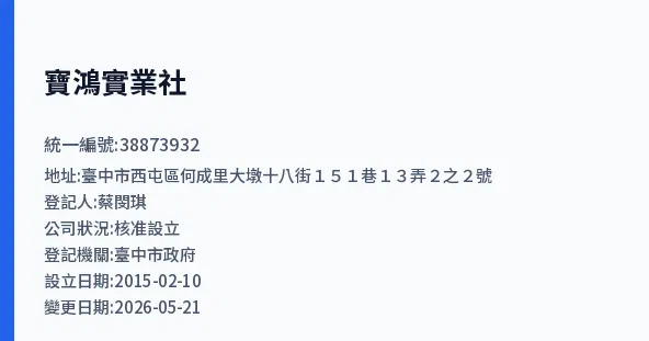 寶鴻實業社的照片-統編 38873932(臺中市) 公司登記資料與營業項目詳細圖表