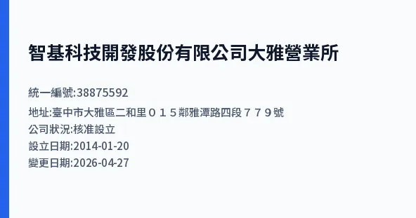 智基科技開發股份有限公司大雅營業所的照片-統編 38875592(臺中市) 公司登記資料與營業項目詳細圖表