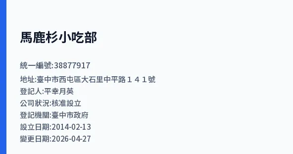 馬鹿杉小吃部的照片-統編 38877917(臺中市) 公司登記資料與營業項目詳細圖表