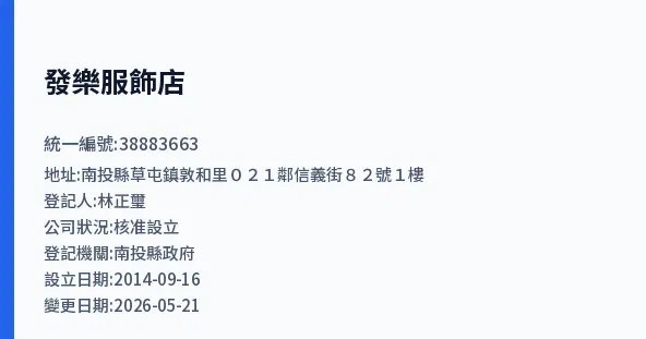 發樂服飾店的照片-統編 38883663(南投縣) 公司登記資料與營業項目詳細圖表