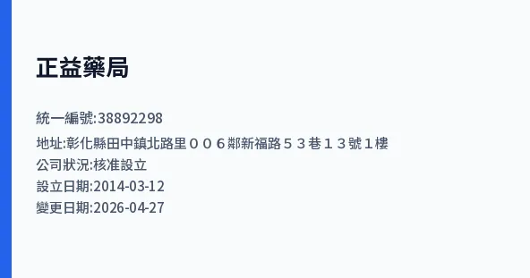 正益藥局的照片-統編 38892298(彰化縣) 公司登記資料與營業項目詳細圖表