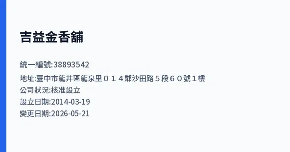 吉益金香舖的照片-統編 38893542(臺中市) 公司登記資料與營業項目詳細圖表