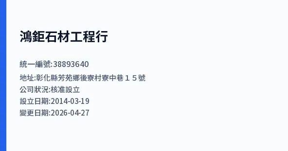 鴻鉅石材工程行的照片-統編 38893640(彰化縣) 公司登記資料與營業項目詳細圖表