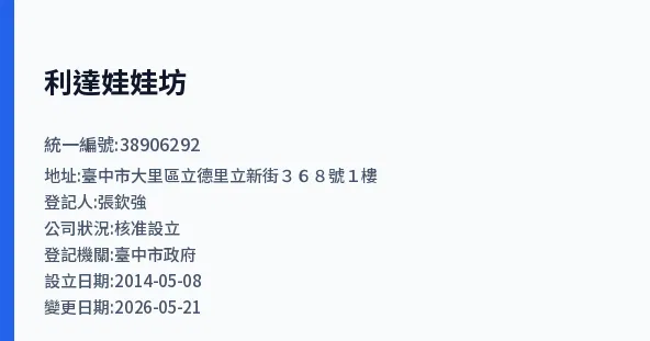 利達娃娃坊的照片-統編 38906292(臺中市) 公司登記資料與營業項目詳細圖表