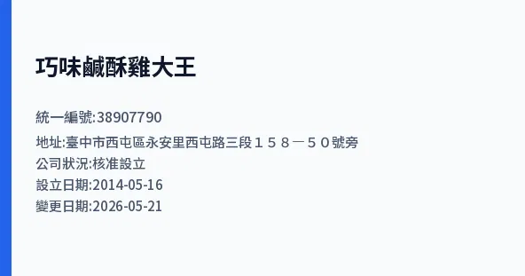 巧味鹹酥雞大王的照片-統編 38907790(臺中市) 公司登記資料與營業項目詳細圖表