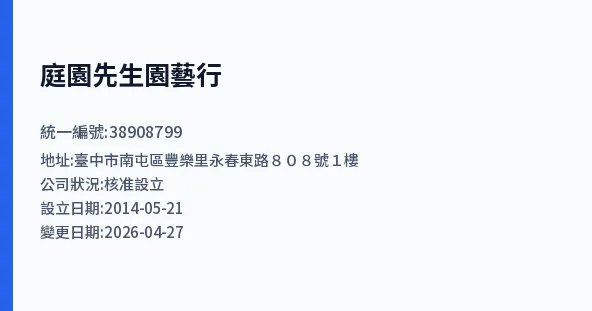 庭園先生園藝行的照片-統編 38908799(臺中市) 公司登記資料與營業項目詳細圖表