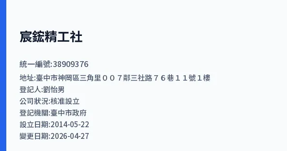 宸鋐精工社的照片-統編 38909376(臺中市) 公司登記資料與營業項目詳細圖表