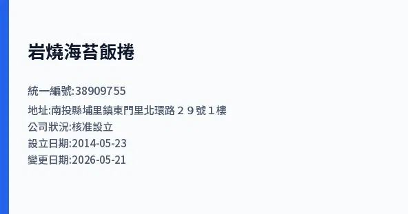 岩燒海苔飯捲的照片-統編 38909755(南投縣) 公司登記資料與營業項目詳細圖表